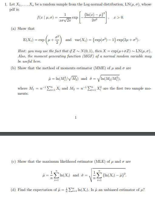 Solved 1. Let X.....X, be a random sample from the | Chegg.com