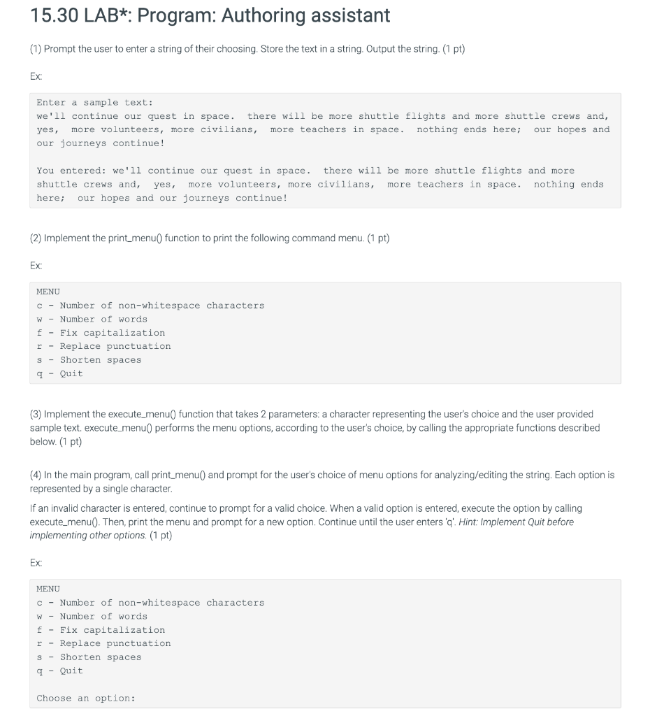 Solved 15.30 LAB*: Program: Authoring assistant (1) Prompt | Chegg.com