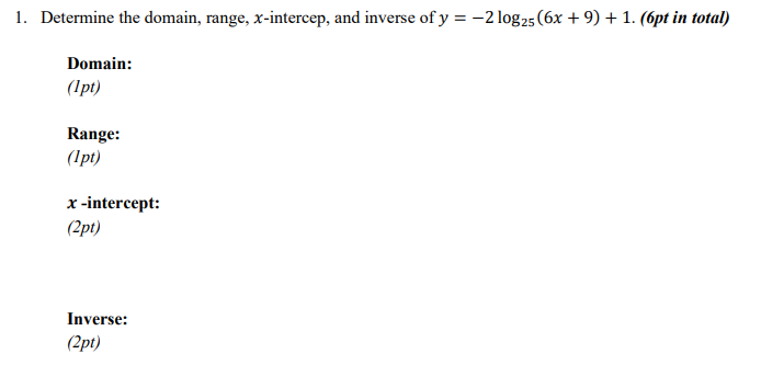 Solved Determine the domain, range, x-intercep, and inverse | Chegg.com