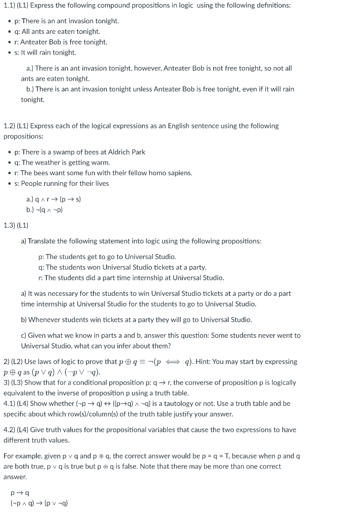 Solved 1.1) (L1) Express the following compound propositions | Chegg.com