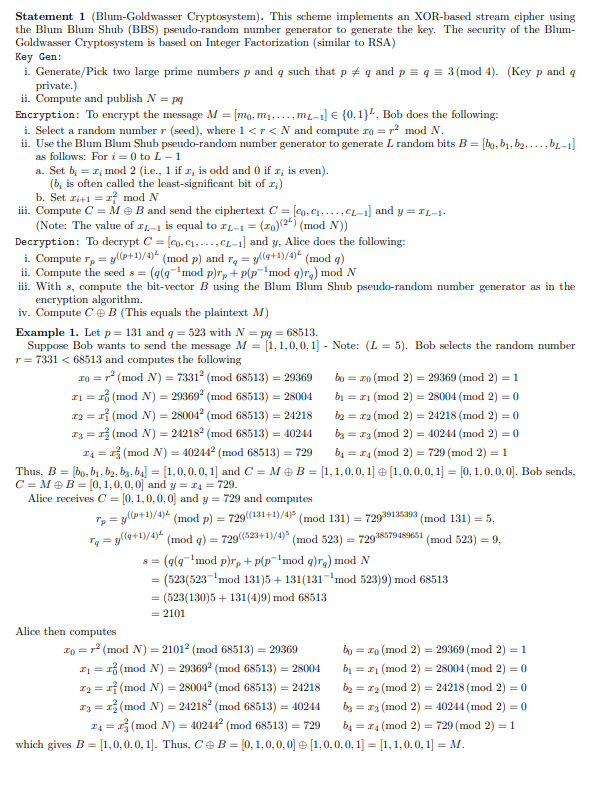 Statement 1 (Blum-Goldwasser Cryptosystem). This | Chegg.com