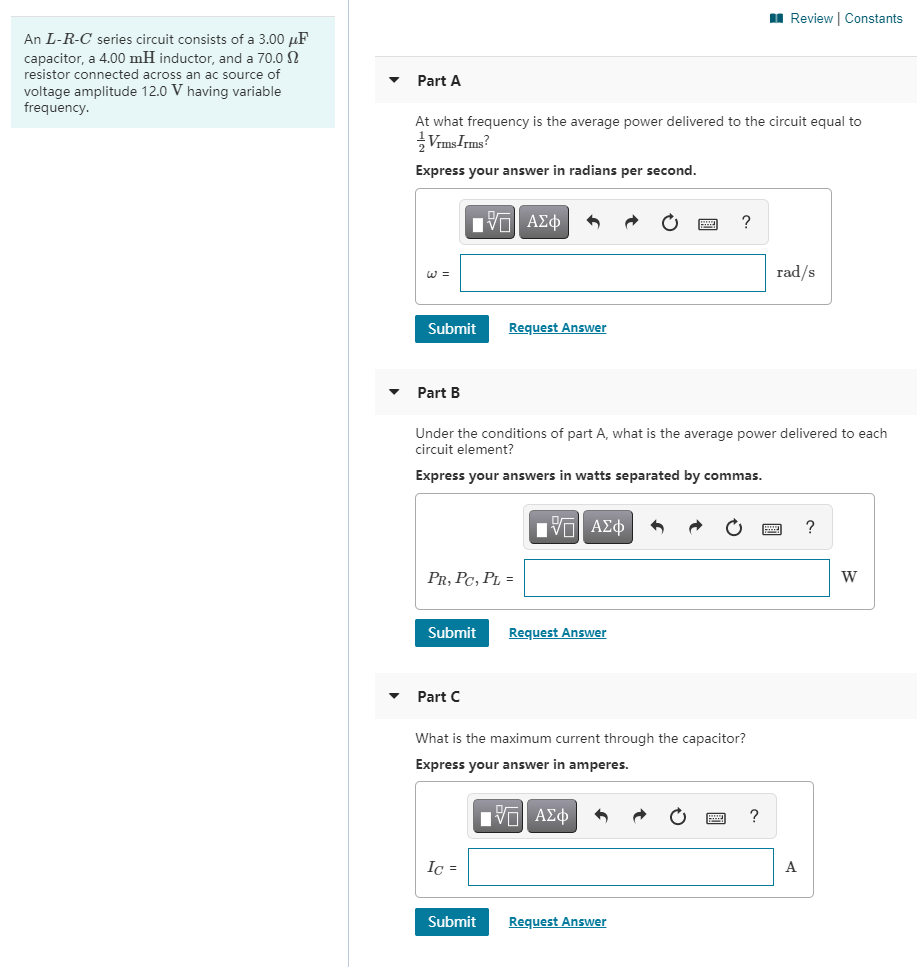 Solved Review Constants An L-R-C series circuit consists of | Chegg.com