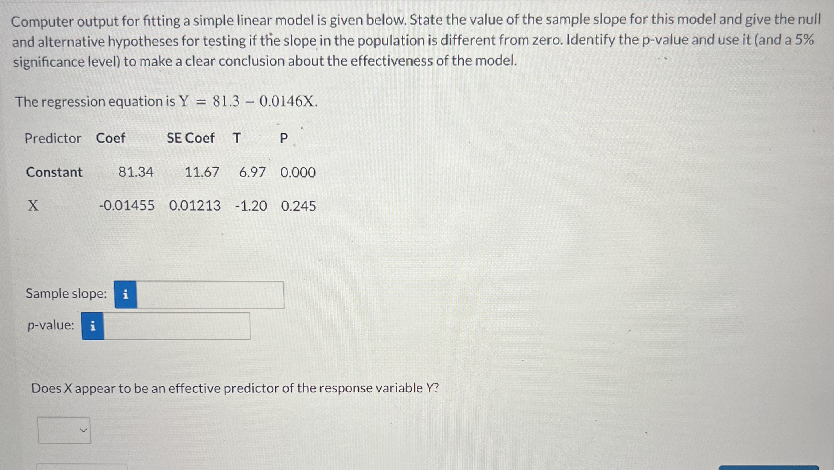 Solved Computer Output For Fitting A Simple Linear Model Is 