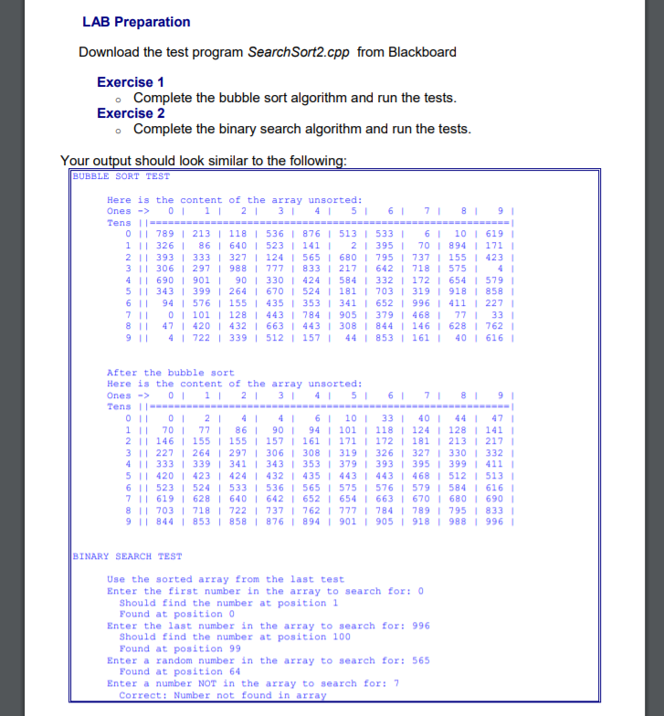 C++ Searching and Sorting The purpose of this lab is | Chegg.com