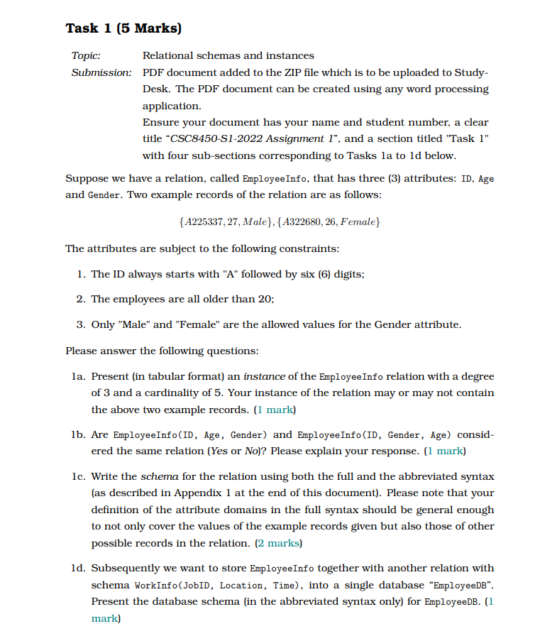 Solved Task 1 (5 Marks) Topic: Relational schemas and | Chegg.com