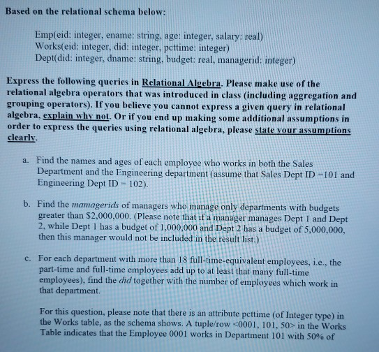 Based on the relational schema below: Emp(eid: | Chegg.com