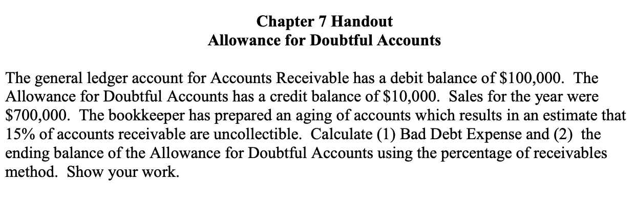Solved Chapter 7 Handout Allowance for Doubtful Accounts The | Chegg.com