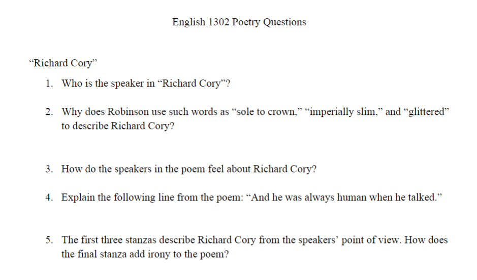 Solved English 1302 Poetry Questions "Richard Cory" 1. Who | Chegg.com