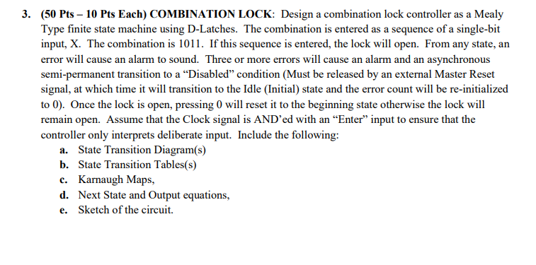 Solved (50 Pts - 10 Pts Each) COMBINATION LOCK: Design a | Chegg.com