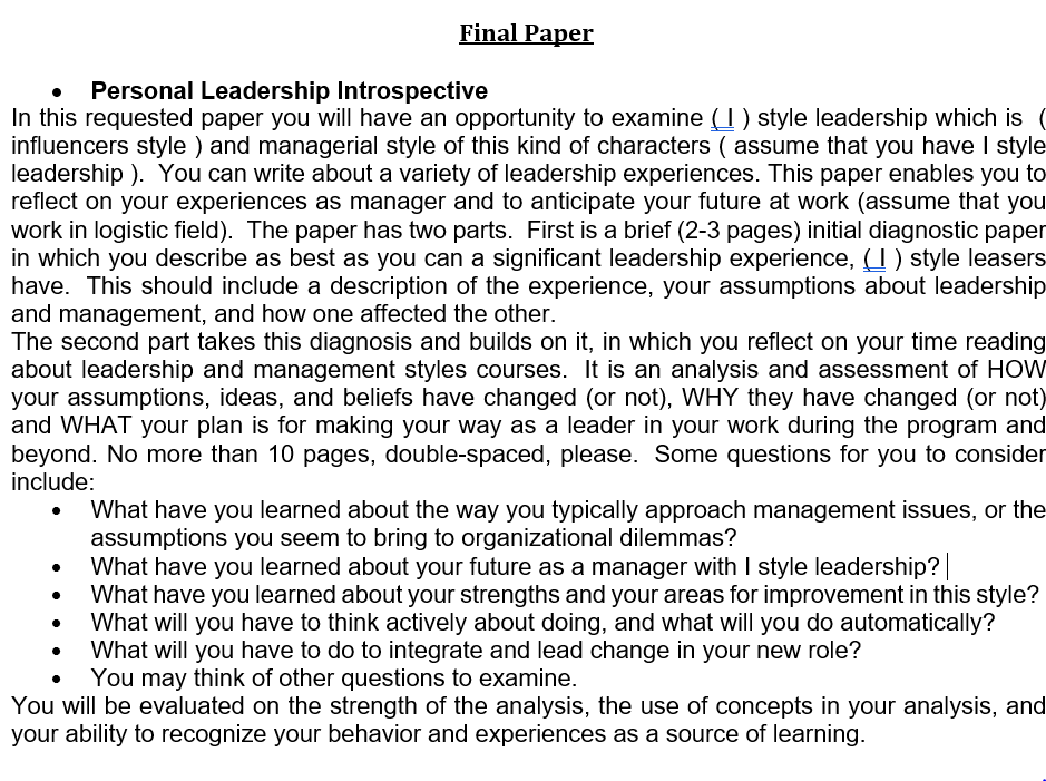 Final Paper Personal Leadership Introspective In this | Chegg.com