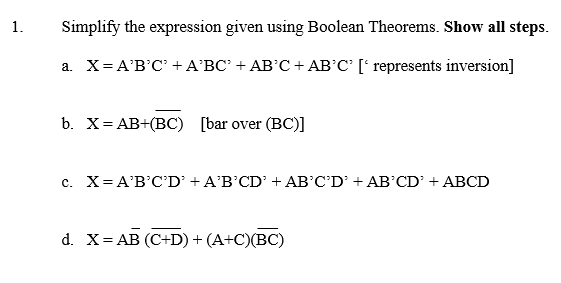 Solved 1. Simplify the expression given using Boolean | Chegg.com