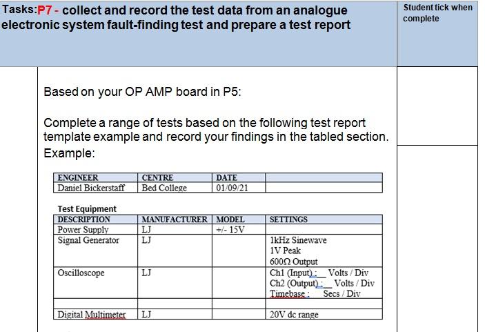 Tasks:P7 - collect and record the test data from an | Chegg.com