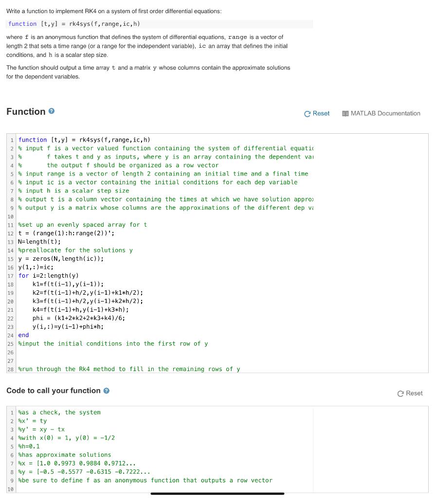 Solved Write A Function To Implement Rk4 On A System Of