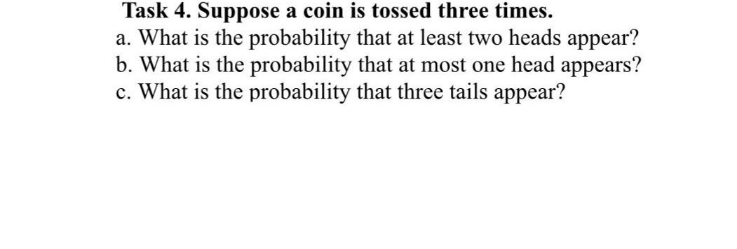 Solved Task 4. Suppose a coin is tossed three times. a. What | Chegg.com