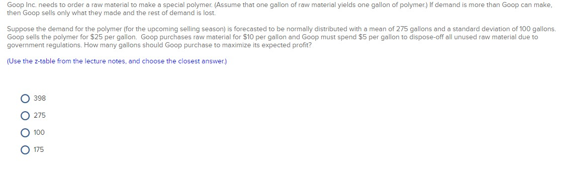 Solved Goop Inc. needs to order a raw material to make a | Chegg.com