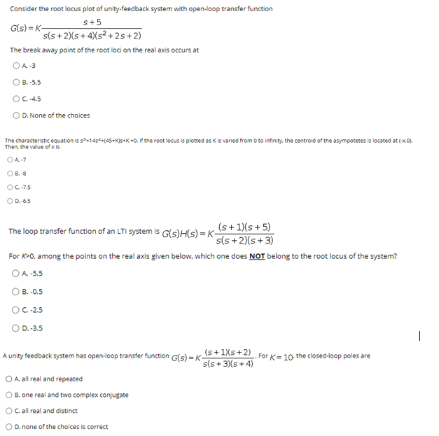 Solved Consider the root locus plot of unity-feedback system | Chegg.com