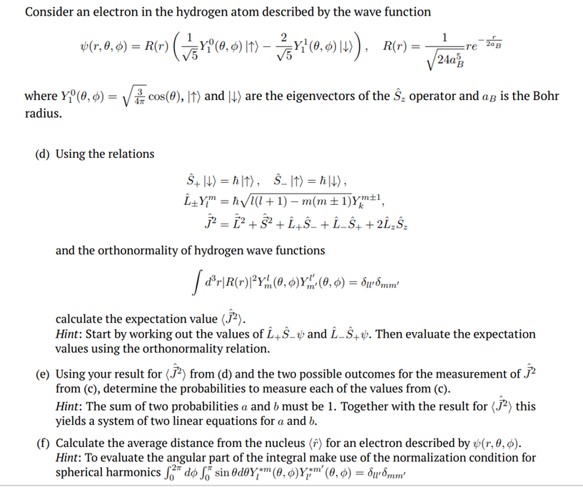 Consider an electron in the hydrogen atom described | Chegg.com