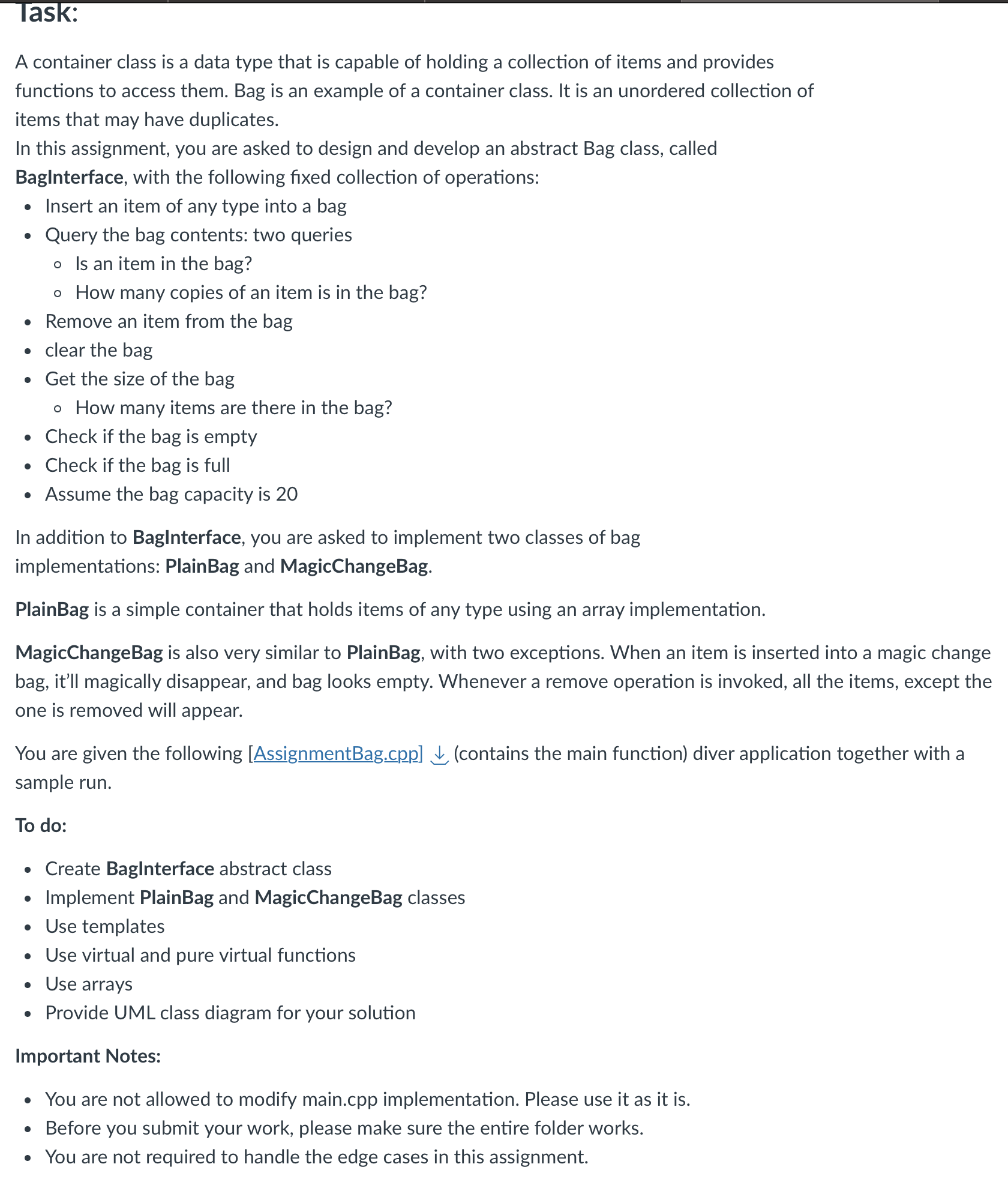 Solved Task: A container class is a data type that is | Chegg.com