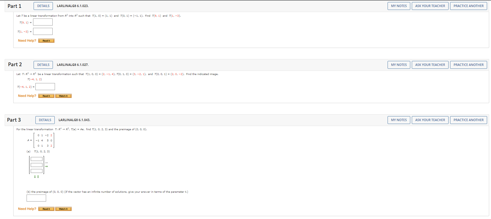 Solved Part 1 DETAILS LARLINALG8 6.1.023. MY NOTES ASK YOUR | Chegg.com