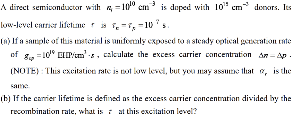 Solved A direct semiconductor with ni=1010cm-3 ﻿is doped | Chegg.com