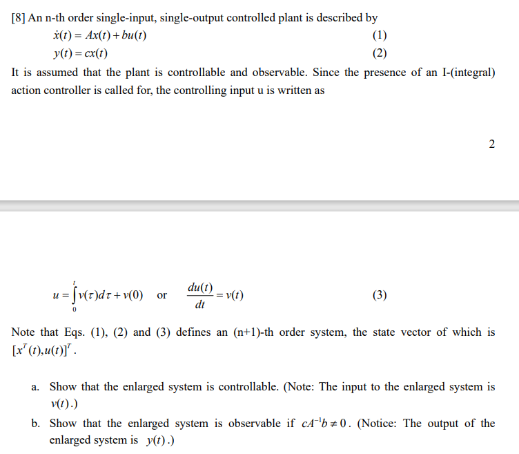Solved 8 An N Th Order Single Input Single Output 