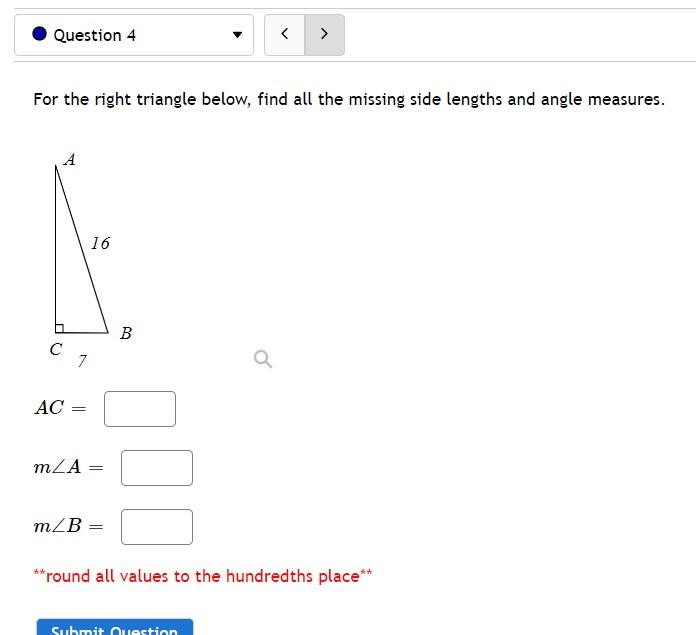 Solved For the right triangle below, find all the missing | Chegg.com