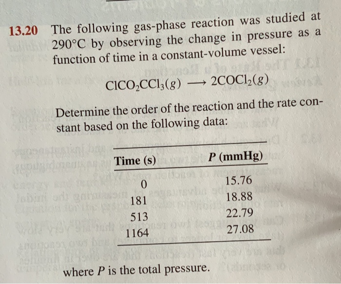 Solved 13.20 The following gas-phase reaction was studied at | Chegg.com