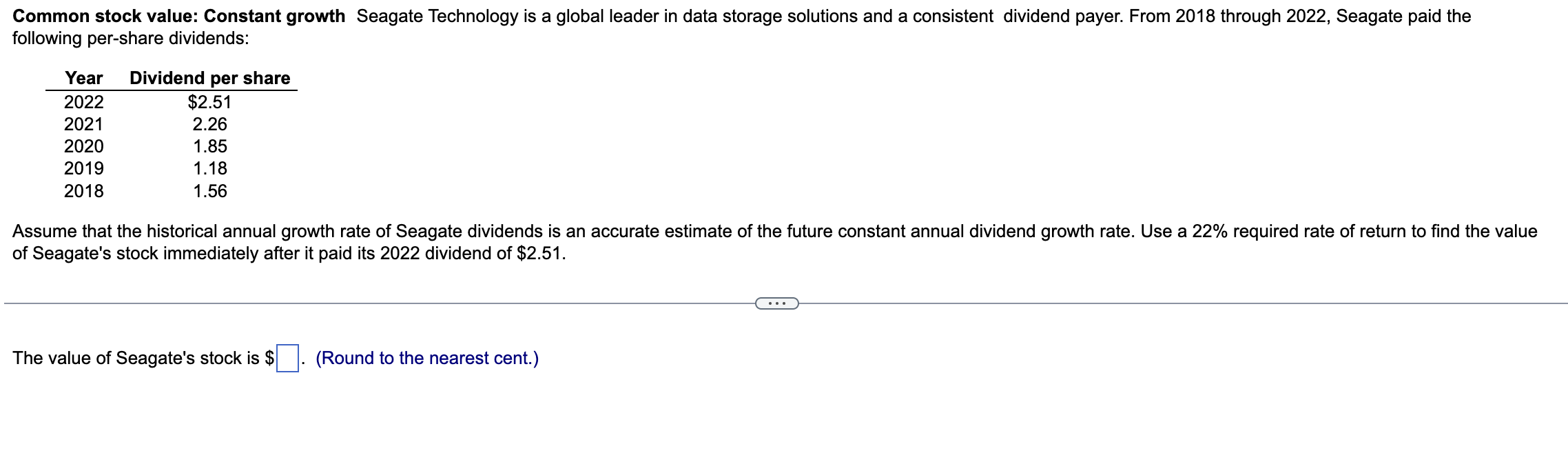 Common stock value: Constant growth Seagate | Chegg.com
