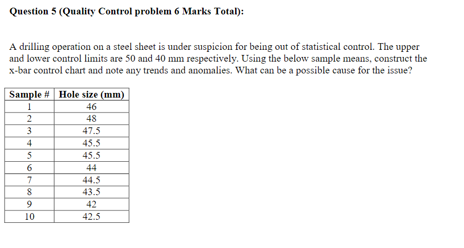 Solved Question 5 (Quality Control problem 6 Marks Total): A | Chegg.com