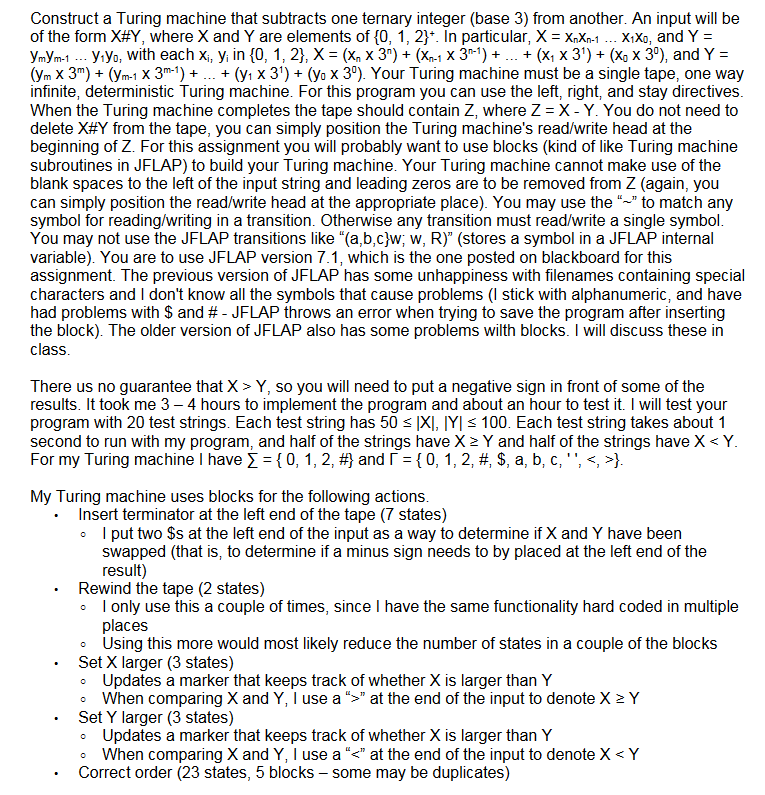 Construct a Turing machine that subtracts one ternary | Chegg.com