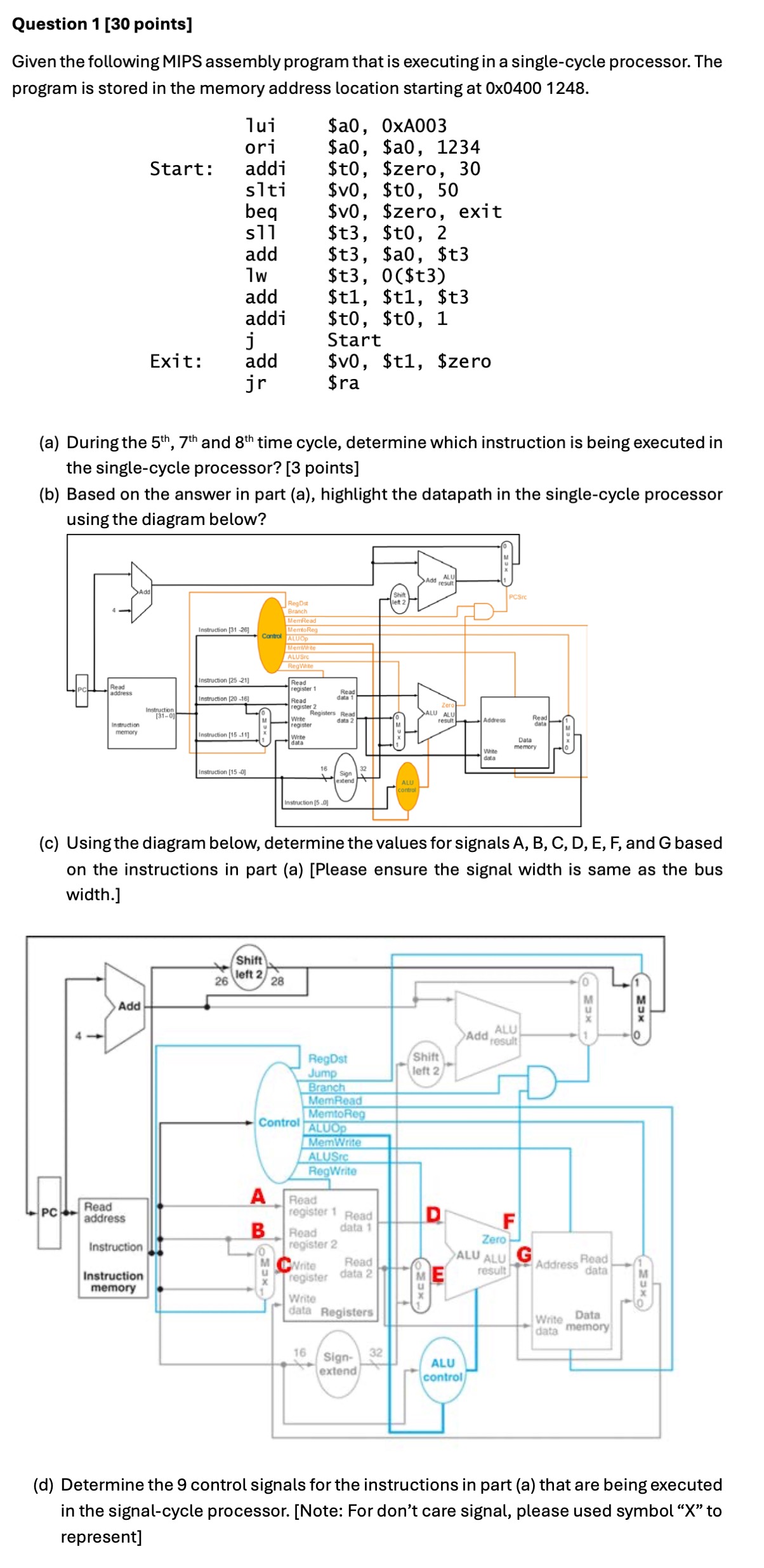 Solved Question 1 [30 ﻿points]Given the following MIPS | Chegg.com