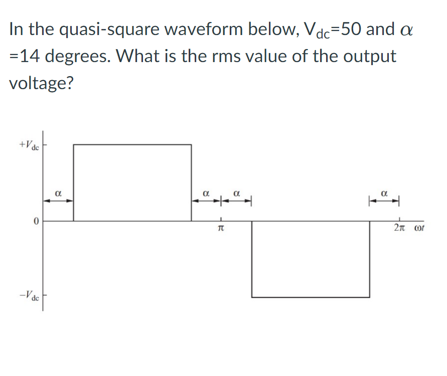 Solved In the quasi-square waveform below, Vdc=50 and αα =14 | Chegg.com