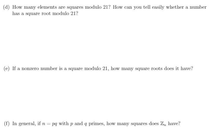 Solved (d) How many elements are squares modulo 21? How can | Chegg.com