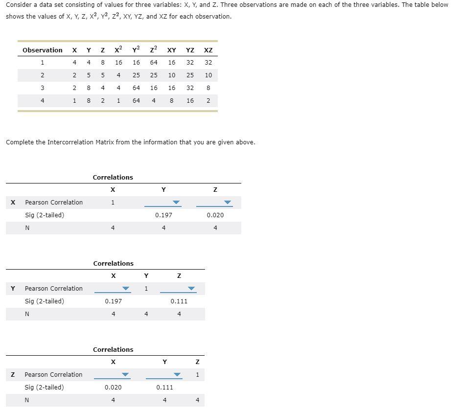 Solved Consider a data set consisting of values for three | Chegg.com