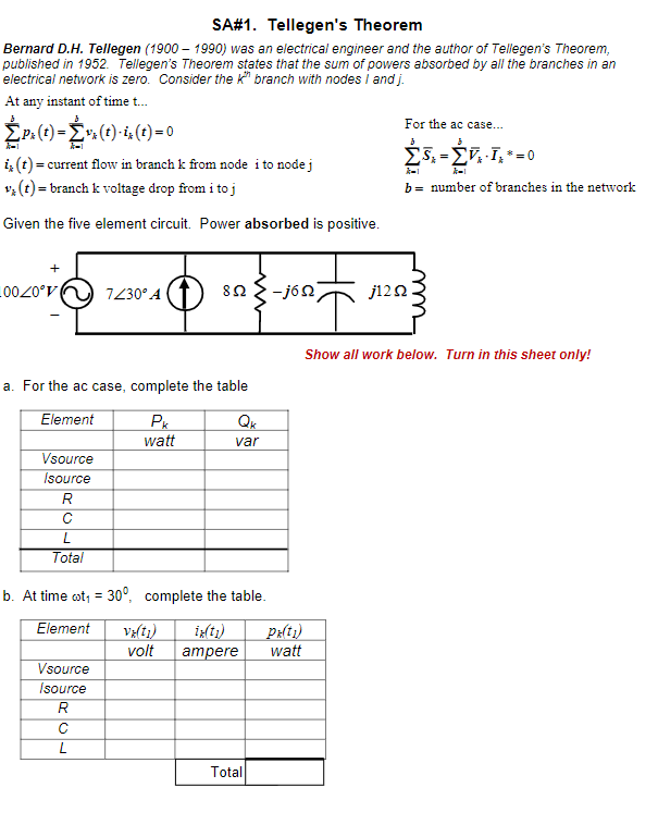 Solved SA#1. Tellegen's Theorem Bernard D.H. Tellegen (1900 | Chegg.com