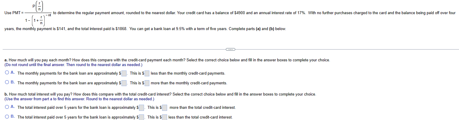 Solved Use PMT=p(r/n)/1(1+r/n)^-nt to determine the regular | Chegg.com