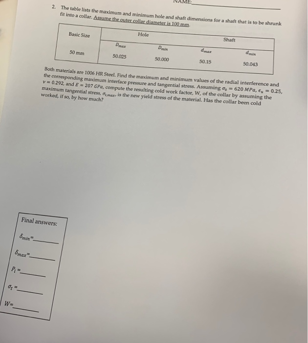 Solved NAME: 2. The table lists the maximum and minimum hole | Chegg.com