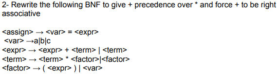 Solved 2- Rewrite the following BNF to give + precedence | Chegg.com