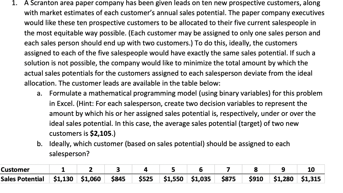 Solved 1. A Scranton area paper company has been given leads | Chegg.com