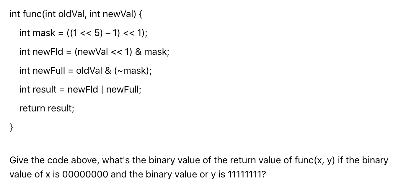 Solved int func(int oldVal, int newVal) { int mask = ((1