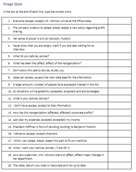Usage Quiz In the box at the end of each line, type | Chegg.com