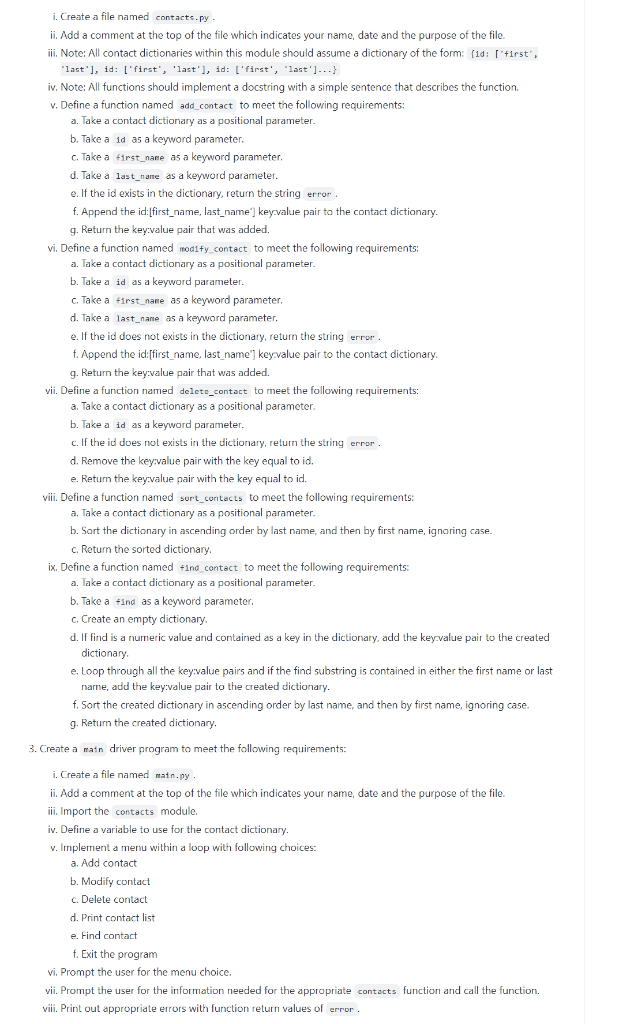 Solved i. Create a file named contacts.py ii. Add a comment | Chegg.com
