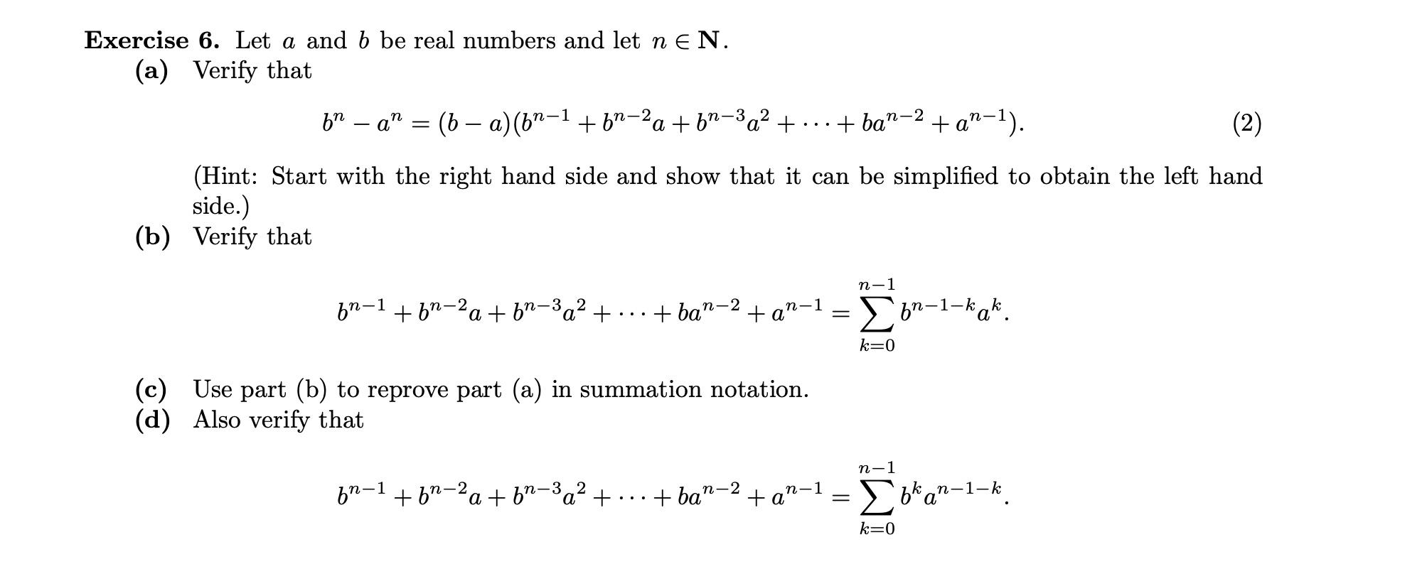 Solved Exercise 6. Let a and b be real numbers and let n∈N. | Chegg.com