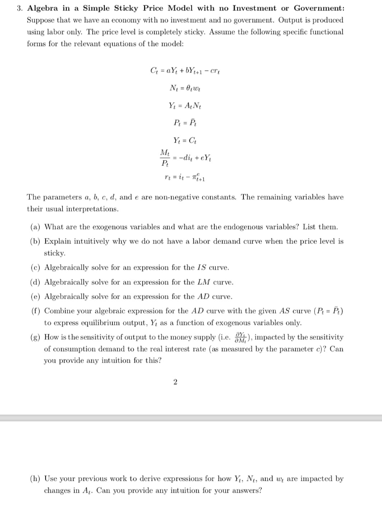 3. Algebra in a Simple Sticky Price Model with no | Chegg.com