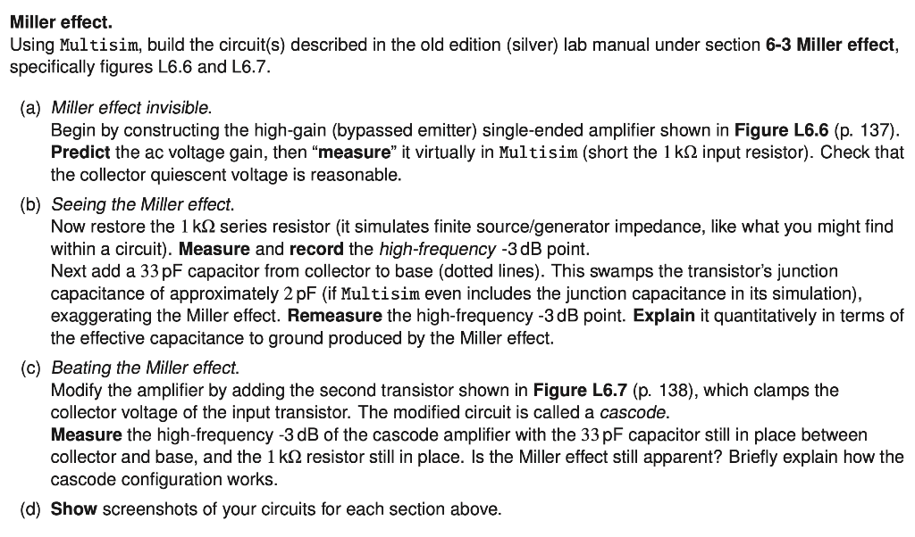 Miller effect. Using Multisim, build the circuit(s) | Chegg.com