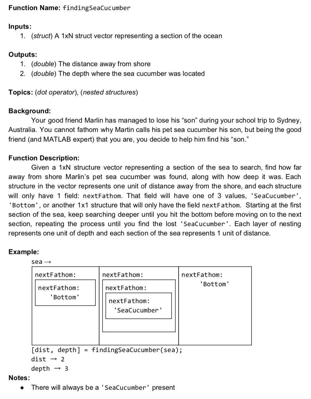Solved Function Name Findingseacucumber Inputs 1 Struct