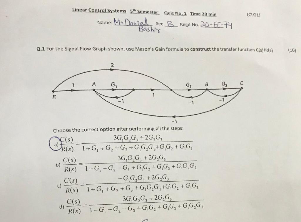 Solved Linear Control Systems 5th Semester Quiz No. 1 Time | Chegg.com