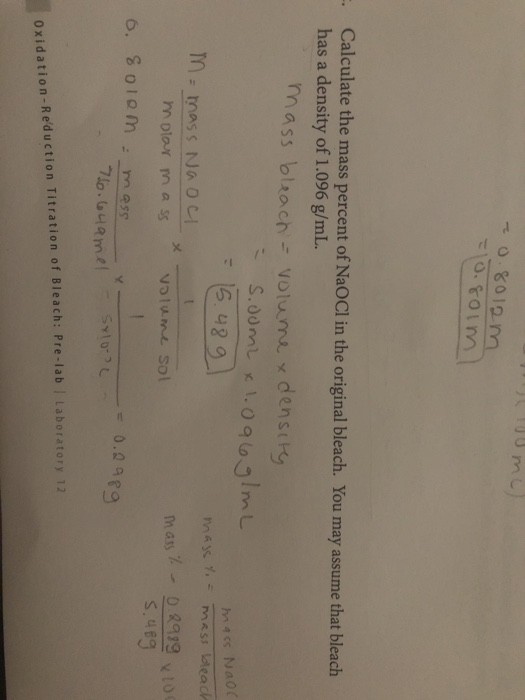 Solved calculate the mass percent of NaOCl in the original | Chegg.com