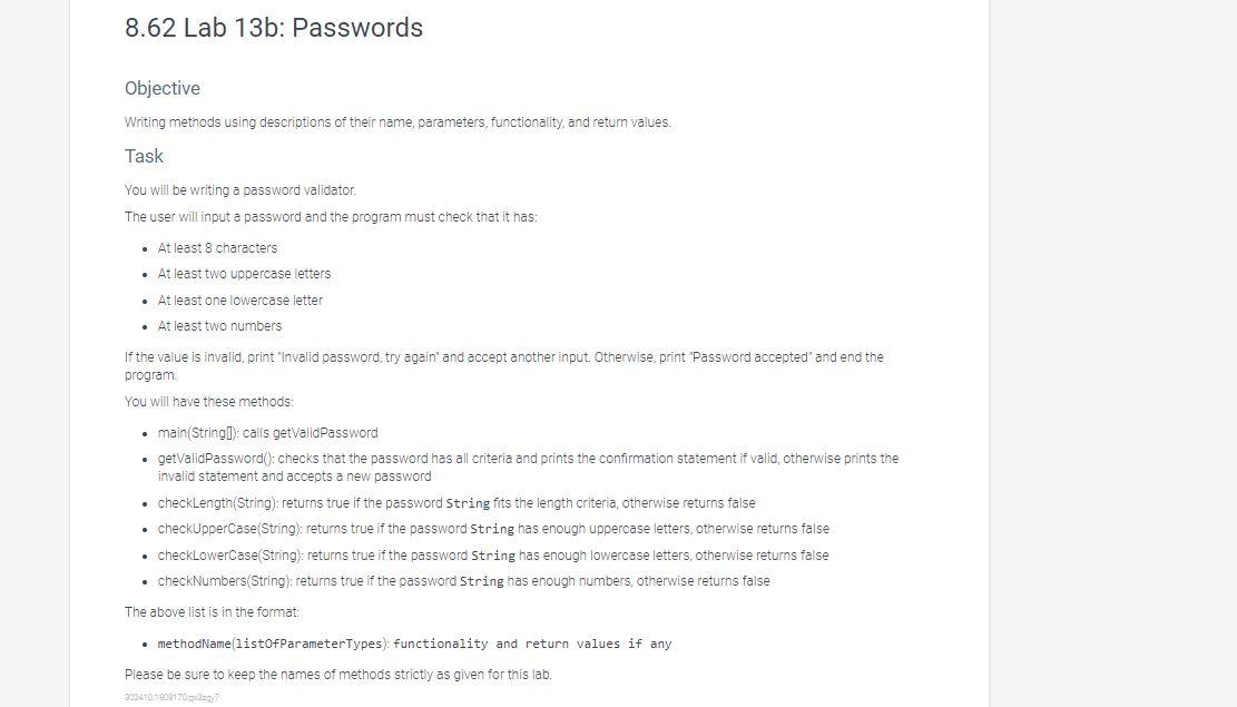 Solved 8.62 Lab 13b: Passwords Objective Writing methods | Chegg.com