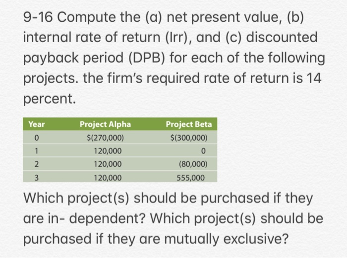 Solved 9-16 Compute the (a) net present value, (b) internal | Chegg.com